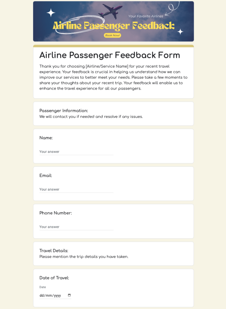 Free Airline Passenger Feedback Form » GooForms