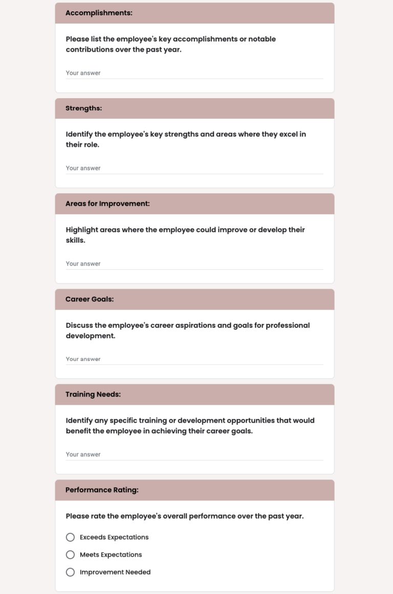 Free Annual Peer Performance Evaluation Form Template in Google Forms