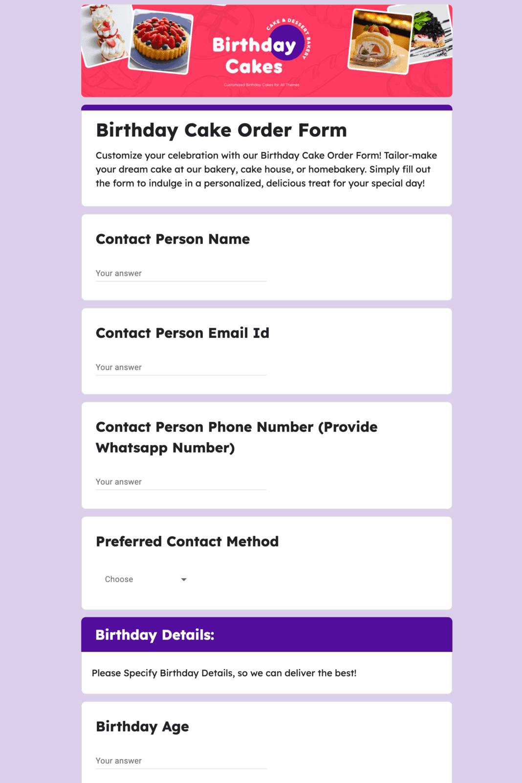 Free Birthday Cake Order Form Template in Google Forms