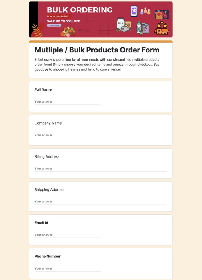 Free Mutliple / Bulk Products Order Form Template in Google Forms