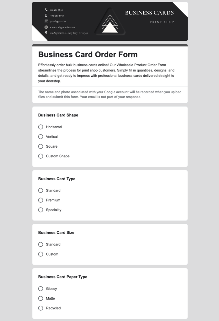 Free Business Card Order Form Template in Google Forms