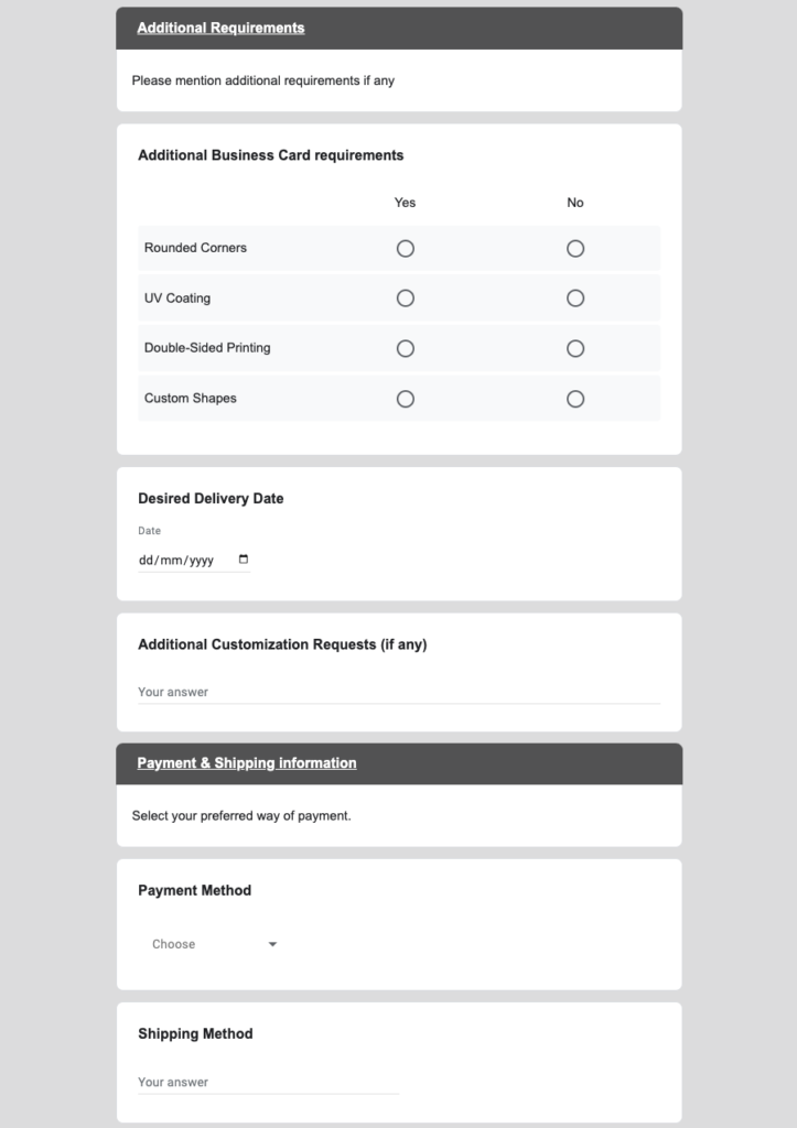 Free Business Card Order Form Template in Google Forms