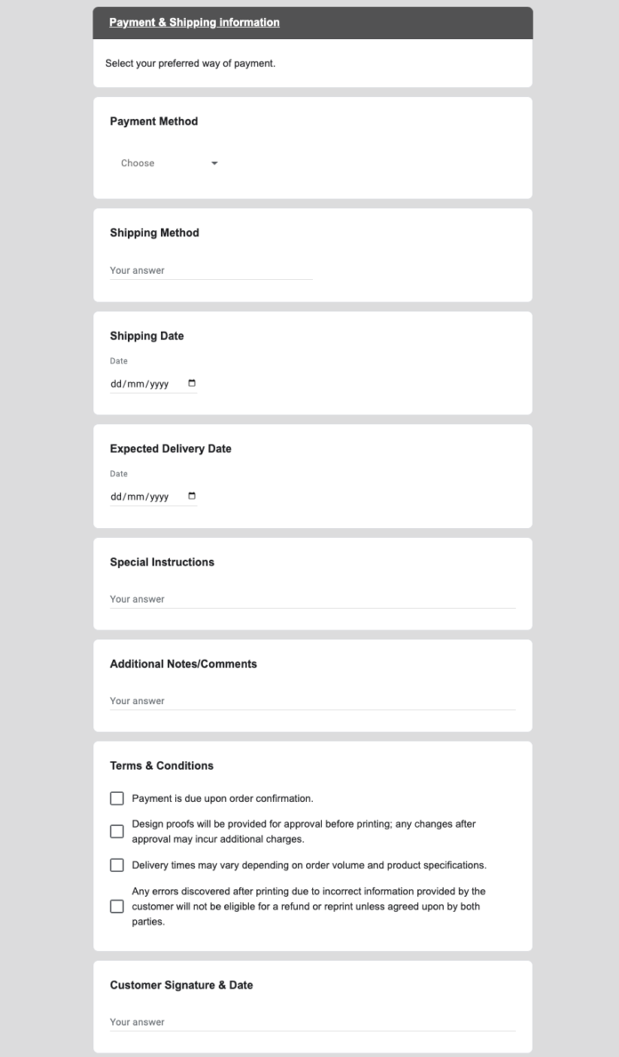 Free Business Card Order Form Template in Google Forms