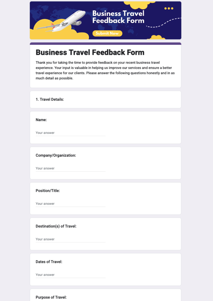 Free Business Travel Feedback Form Template in Google Forms