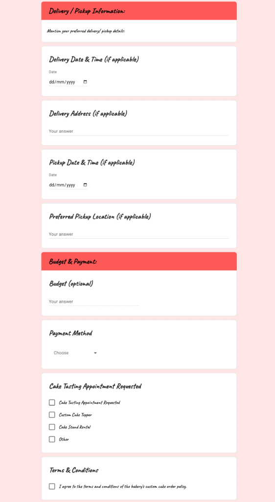 Free Cake Pre Order Form Template in Google Forms