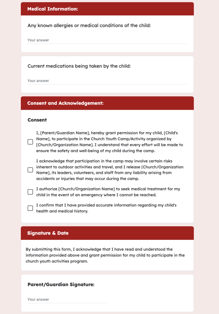 Free Church Youth Consent Form » GooForms