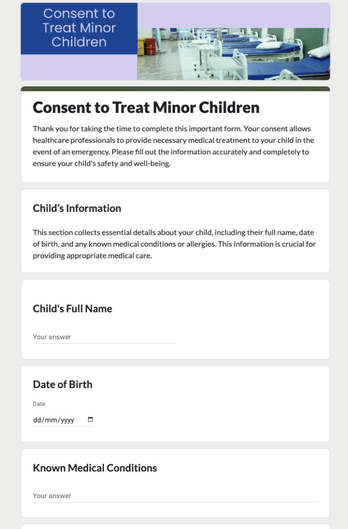 Free Consent to Treat Minor Children Template in Google Forms