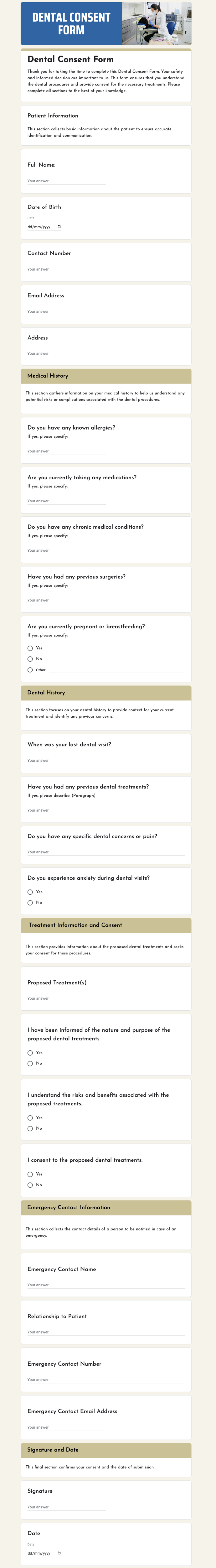 Free Dental Consent Form Template in Google Forms