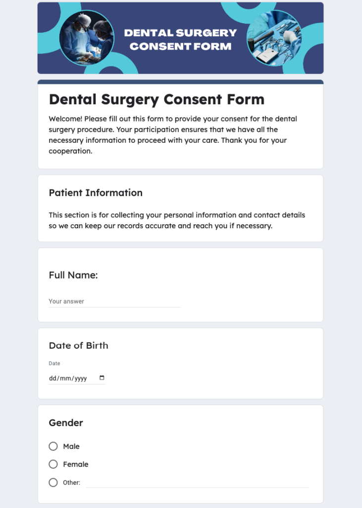 Free Dental Surgery Consent Form Template in Google Forms
