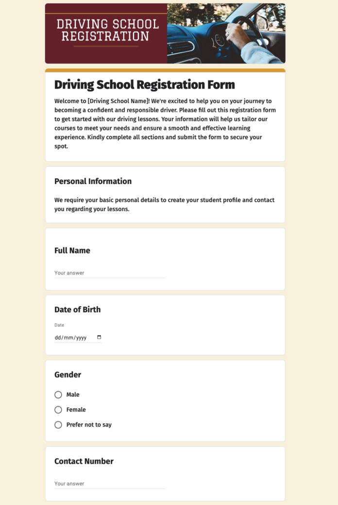 Free Driving School Registration Form Template in Google Forms