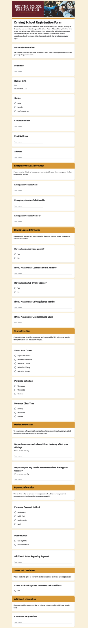 Free Driving School Registration Form Template in Google Forms