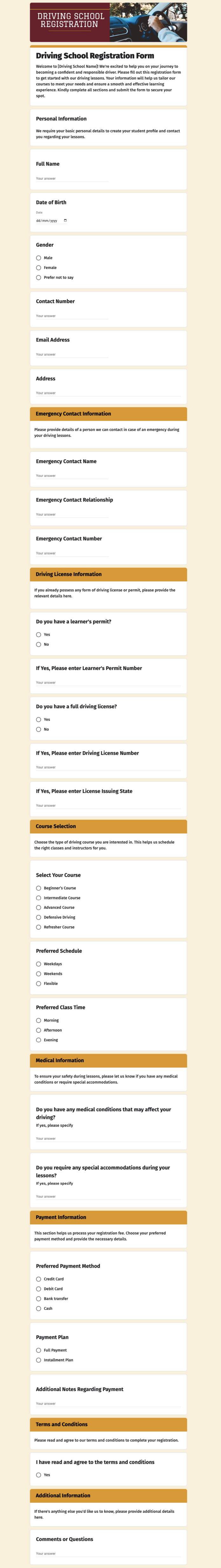 Free Driving School Registration Form Template in Google Forms