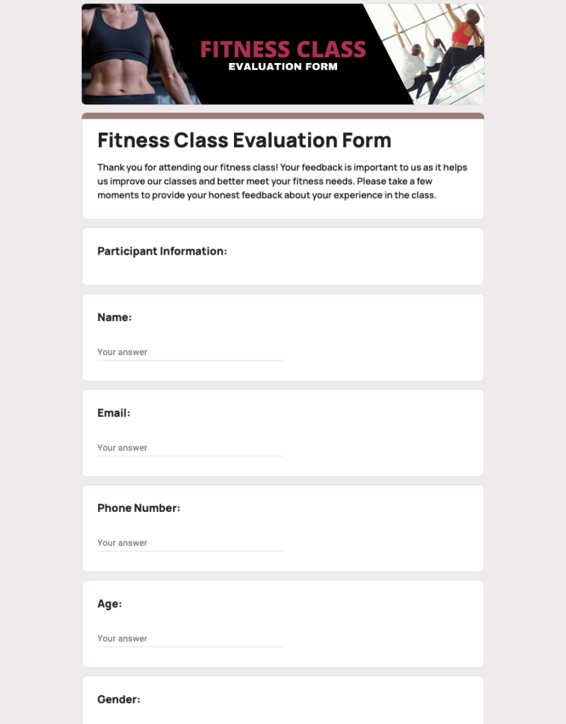Free Fitness Class Evaluation Form Template in Google Forms