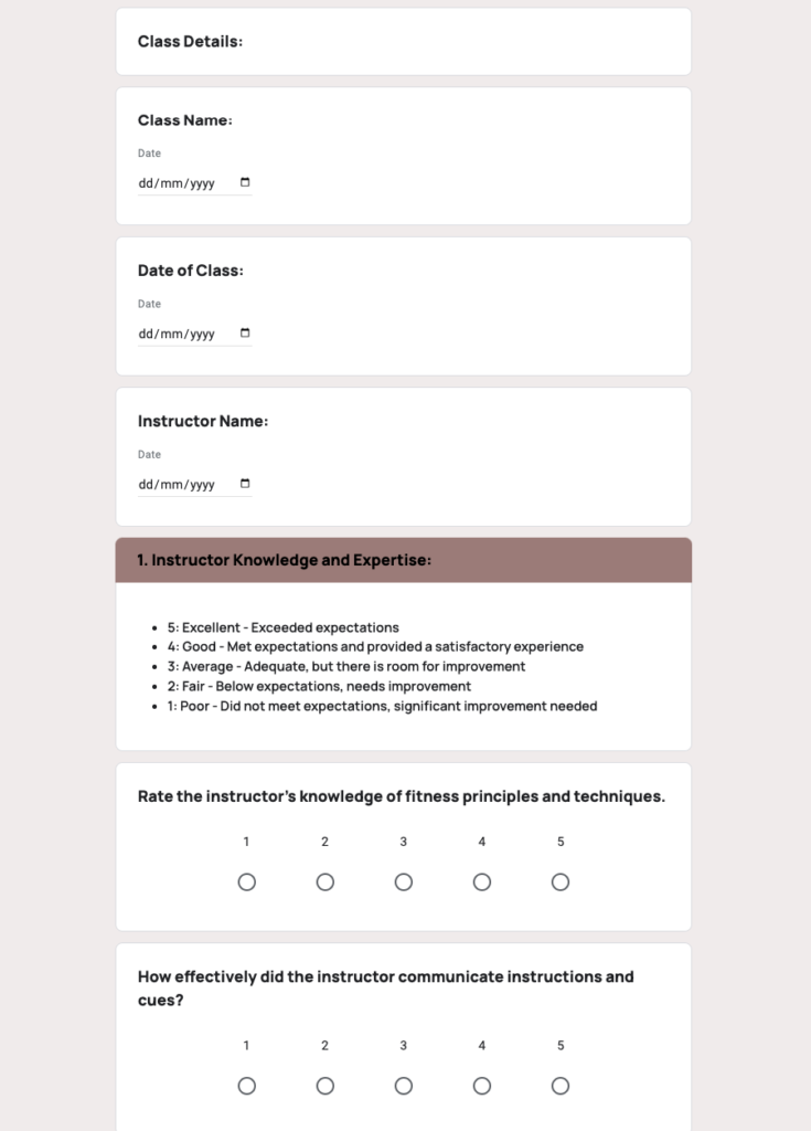 Free Fitness Class Evaluation Form Template in Google Forms