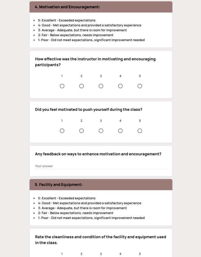 Free Fitness Class Evaluation Form Template in Google Forms