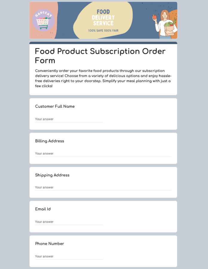 Free Food Product Subscription Delivery Order Form Template in Google Forms
