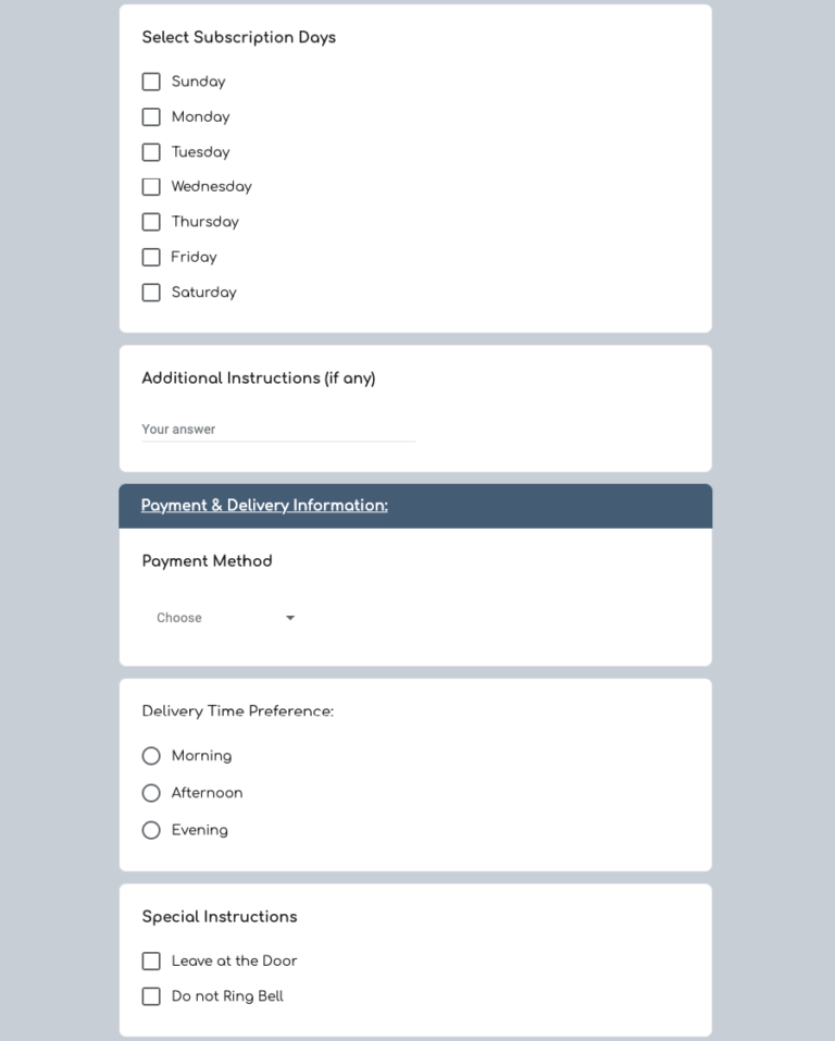 Free Food Product Subscription Delivery Order Form Template in Google Forms