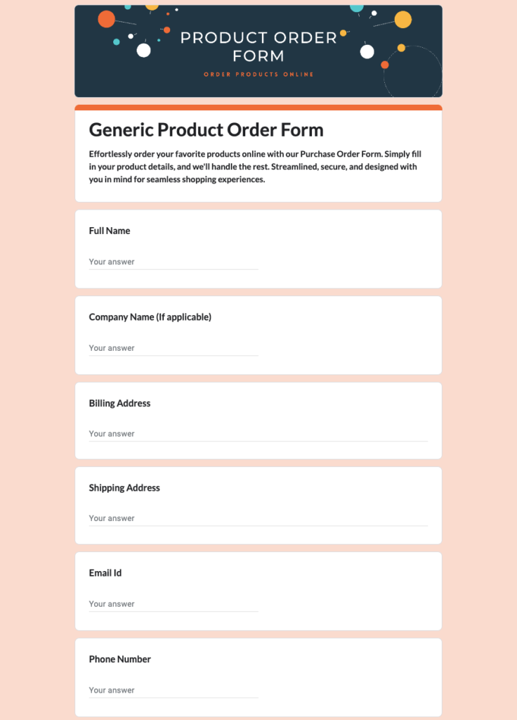 Free Generic Product Order Form Template in Google Forms