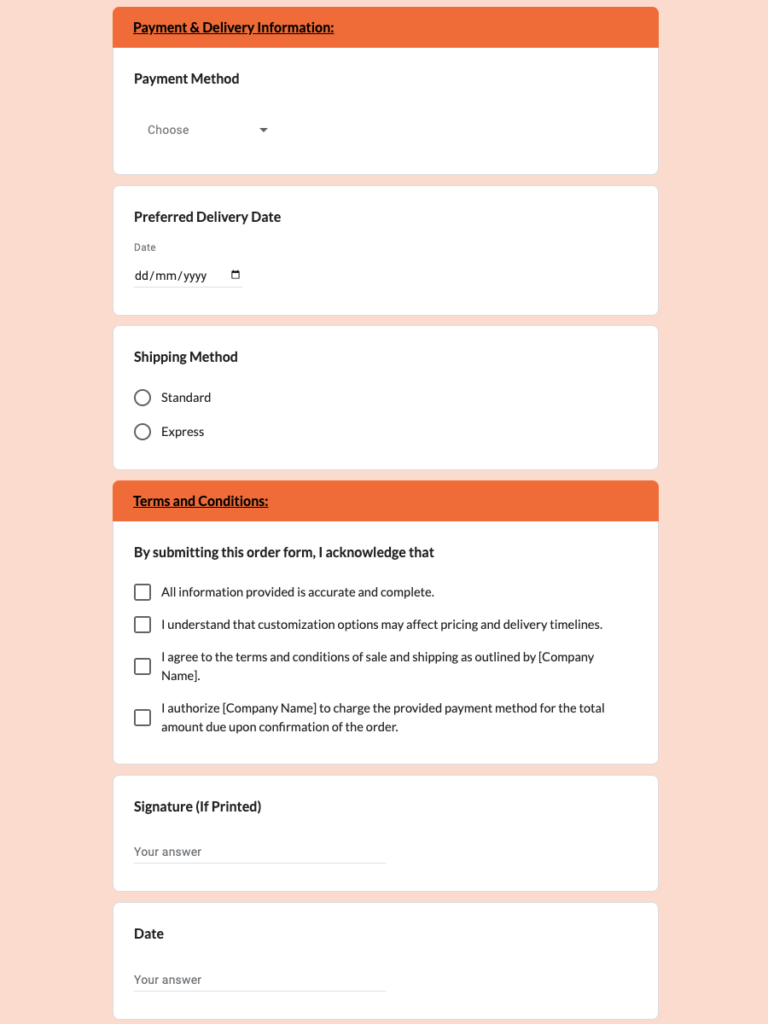 Free Generic Product Order Form Template in Google Forms