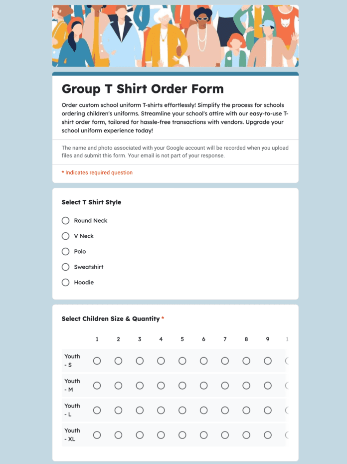 Free Group T Shirt Order Form Template in Google Forms