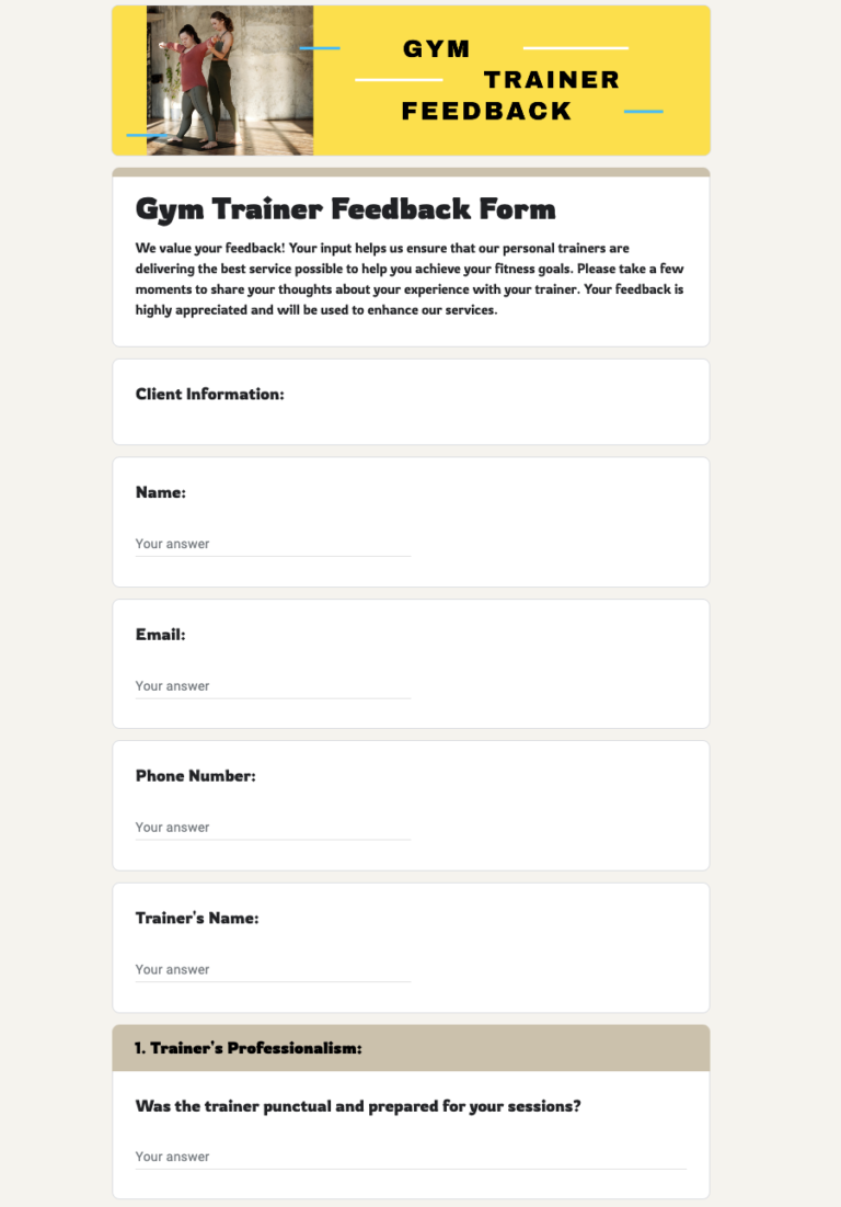 FREE Gym Trainer Feedback Form, Template in PDF & Google Forms » GooForms