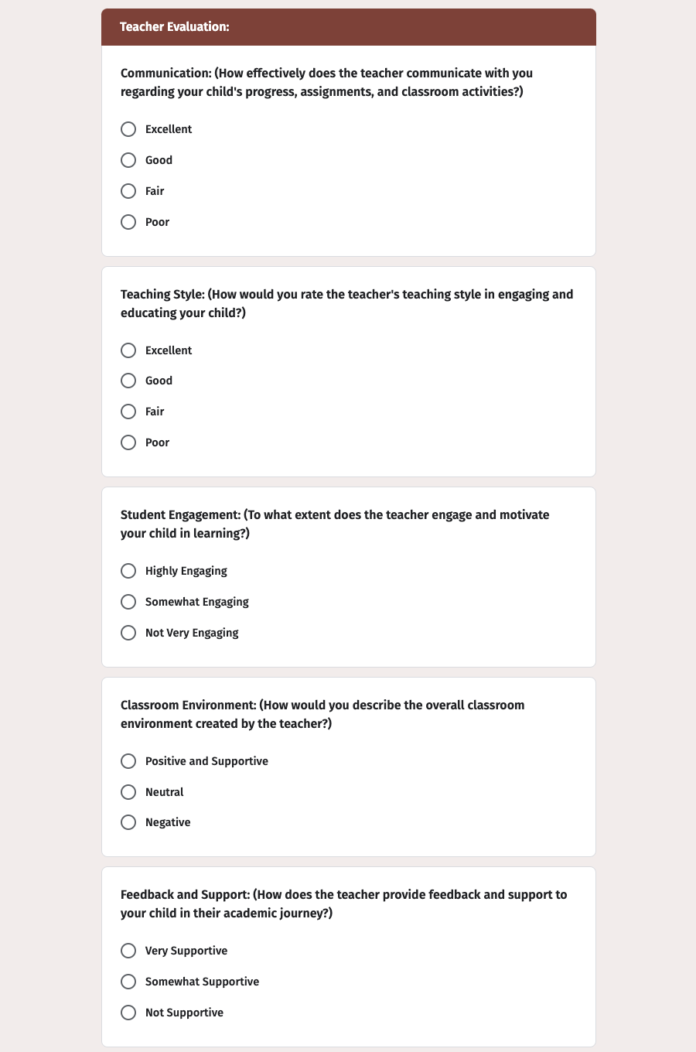 Free Parent Feedback form for Teacher Template in Google Forms
