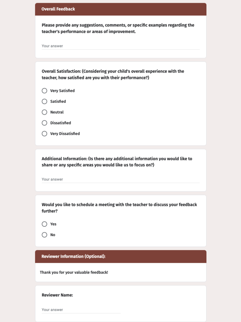 Free Parent Feedback form for Teacher Template in Google Forms