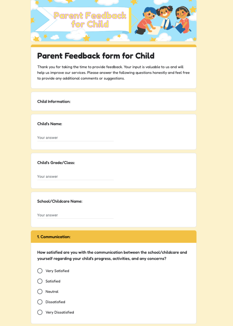 Free Parent Feedback form for Child Template in Google Forms