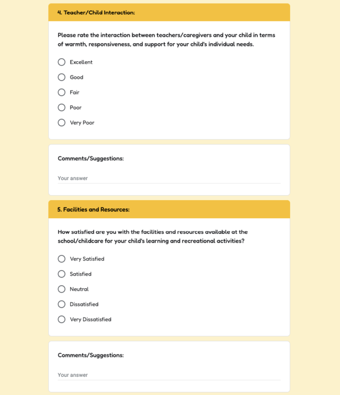 Free Parent Feedback form for Child Template in Google Forms