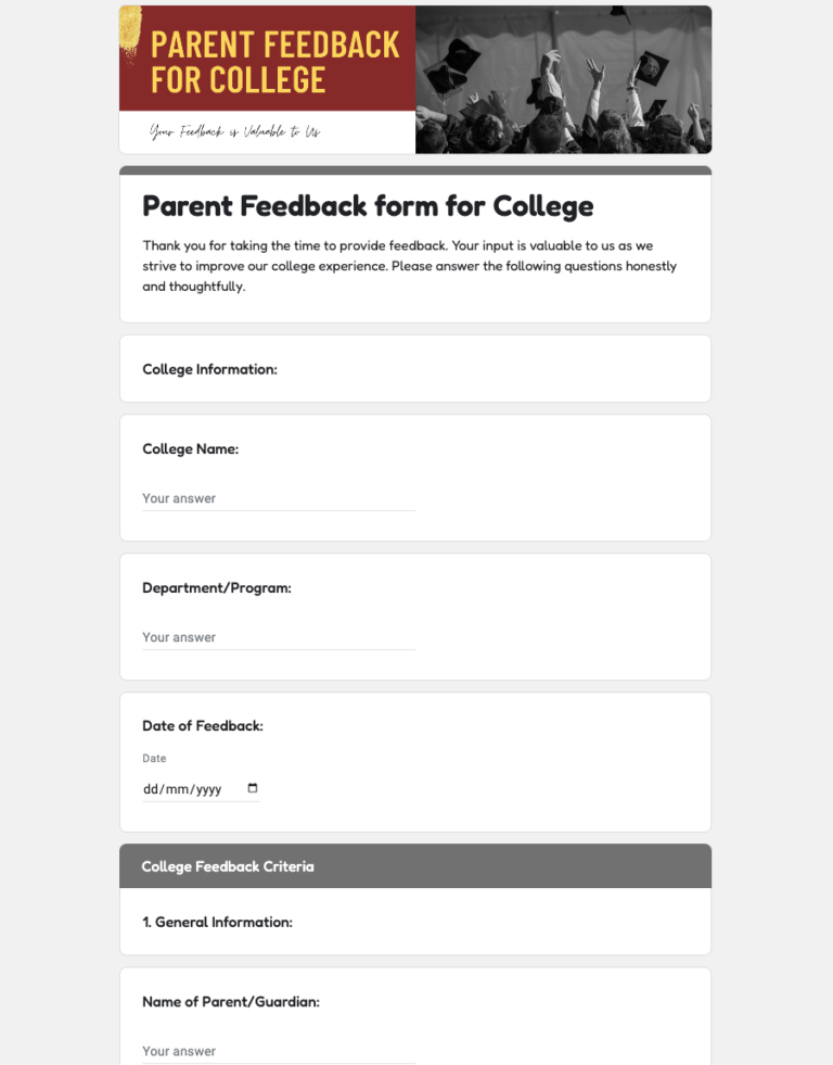 Free Parent Feedback form for College Template in Google Forms