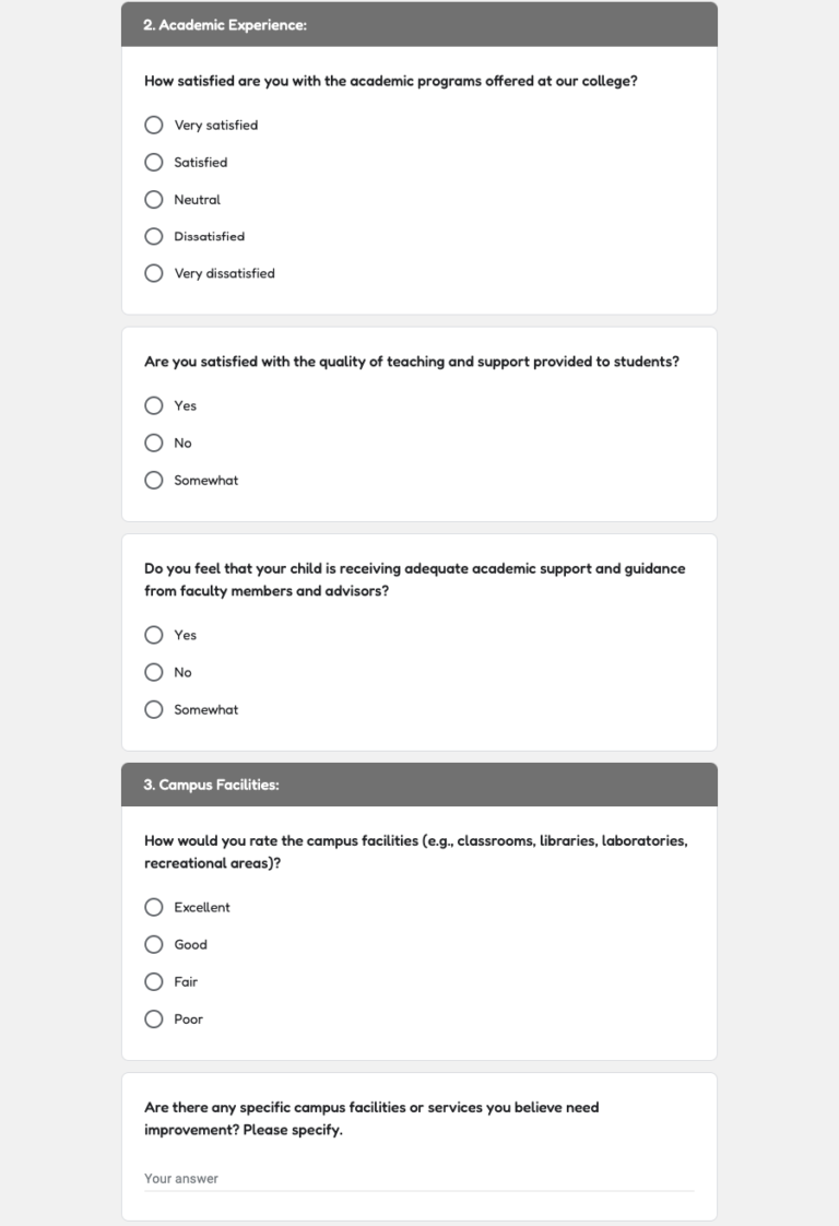 Free Parent Feedback form for College Template in Google Forms