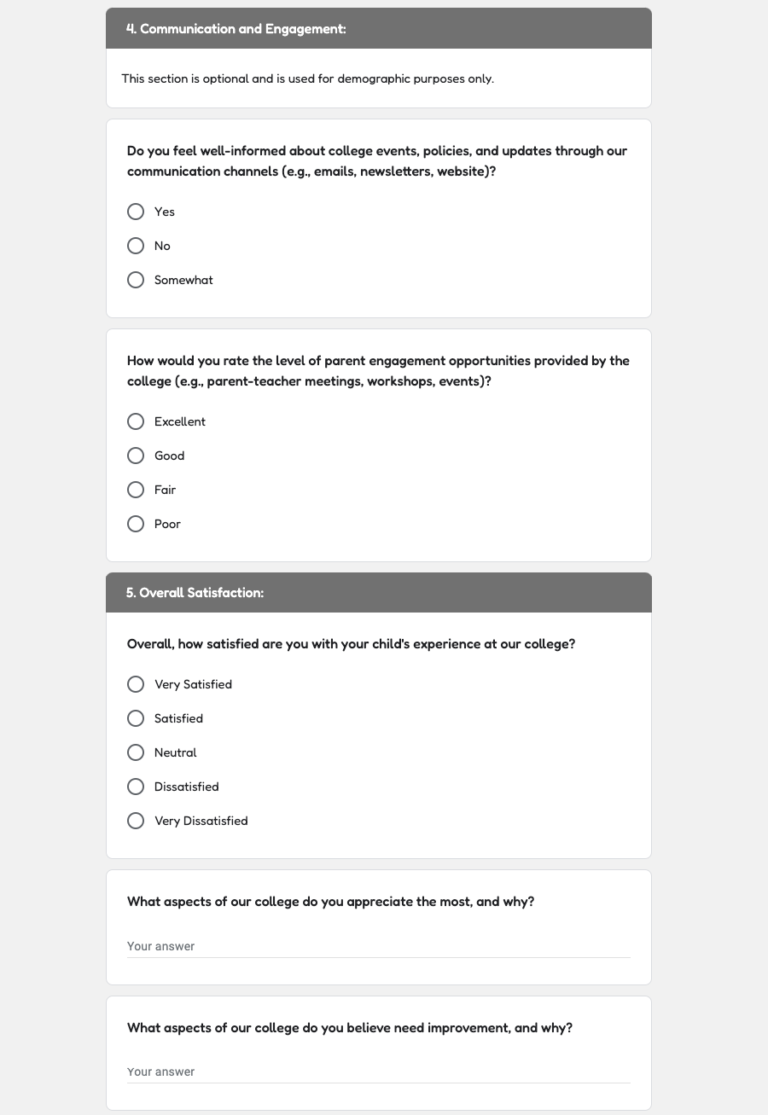 Free Parent Feedback form for College Template in Google Forms