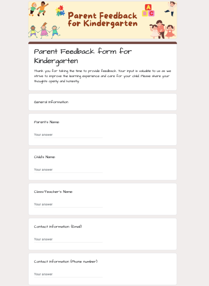 Free Parent Feedback form for Kindergarten Template in Google Forms