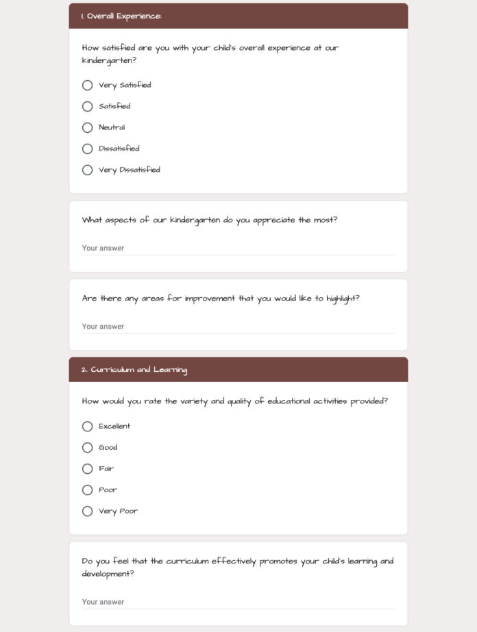 Free Parent Feedback form for Kindergarten Template in Google Forms