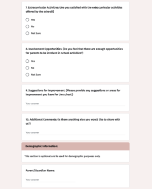 Free Parent Feedback form for School Template in Google Forms
