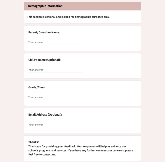 Free Parent Feedback form for School Template in Google Forms