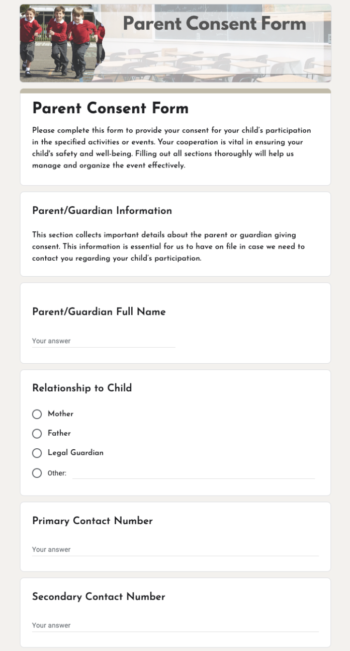 Free Parent Consent Form Template in Google Forms
