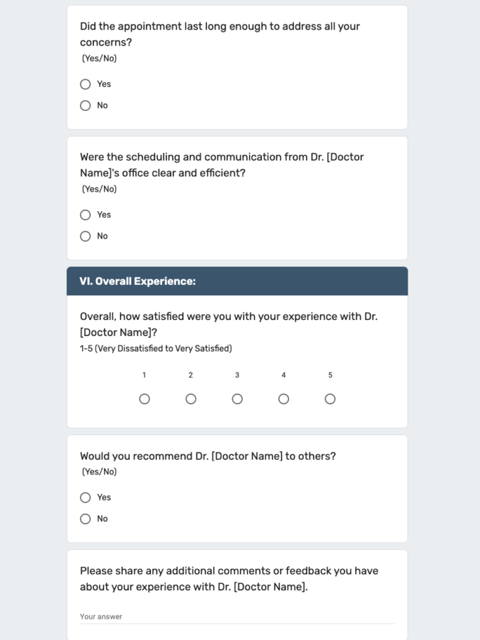 Free Patient Feedback Form for Doctor Template in Google Forms