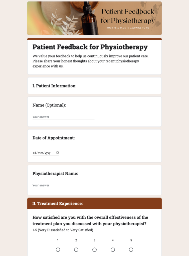 Free Patient Feedback Form for Physiotherapy Template in Google Forms