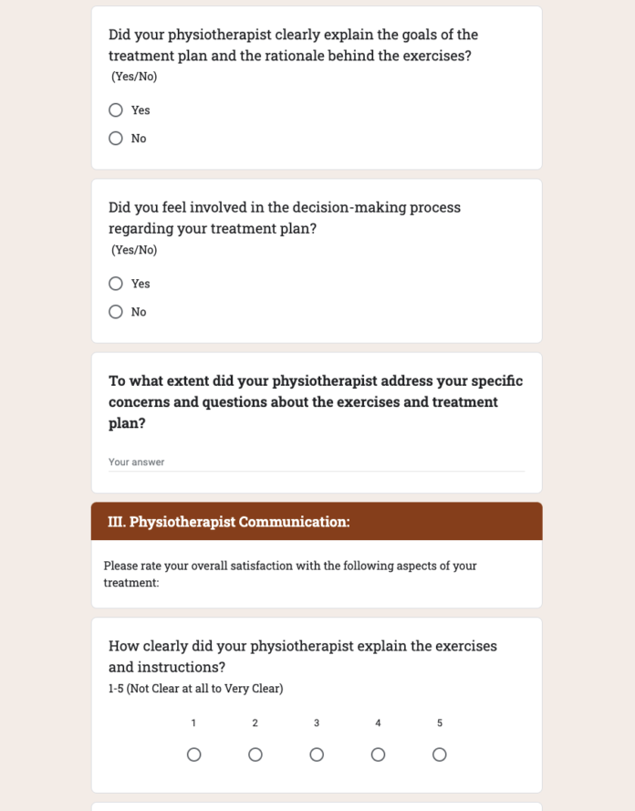 Free Patient Feedback Form for Physiotherapy Template in Google Forms
