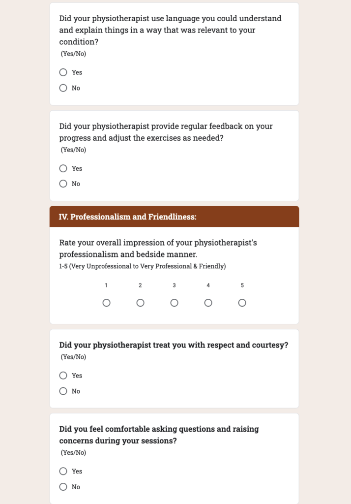 Free Patient Feedback Form for Physiotherapy Template in Google Forms