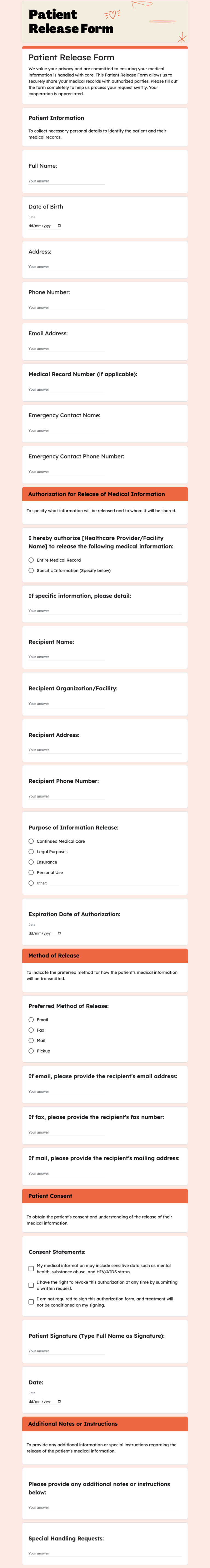 Free Patient Release Form Template in Google Forms