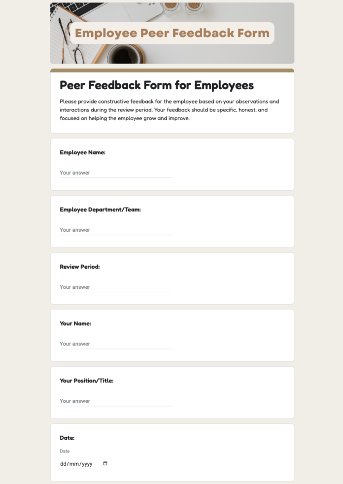 Free Peer Feedback Form for Employees Template in Google Forms