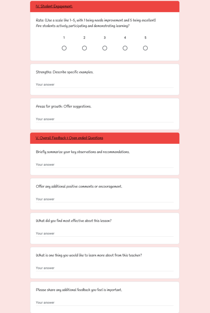 Free Peer Feedback Form for Teachers Template in Google Forms