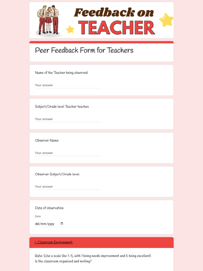 Free Peer Feedback Form for Teachers Template in Google Forms