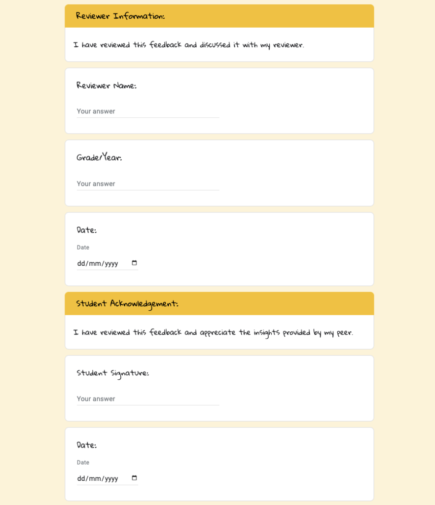 Free Peer Feedback after a Project or Assignment Template in Google Forms