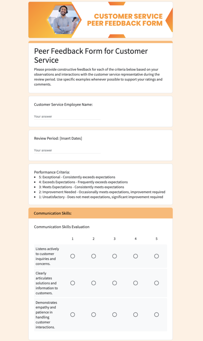 Free Peer Feedback Form for Customer Service Template in Google Forms