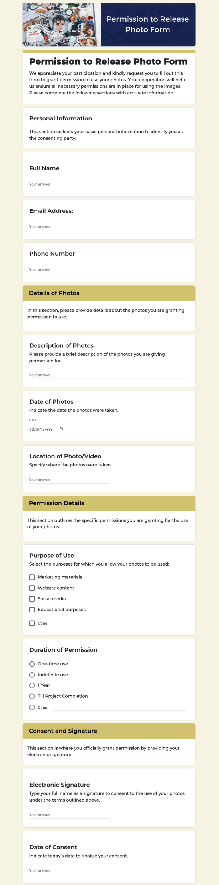 Free Permission to Release Photo Form Template in Google Forms