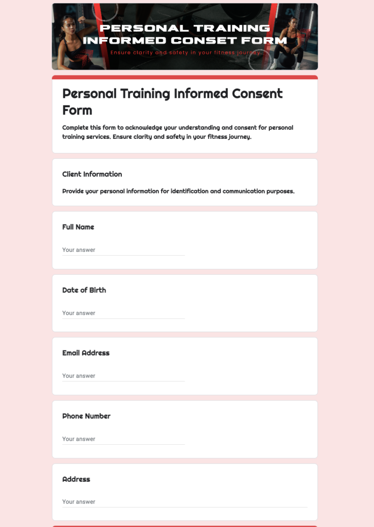 Free Personal Training Informed Consent Form Template in Google Forms