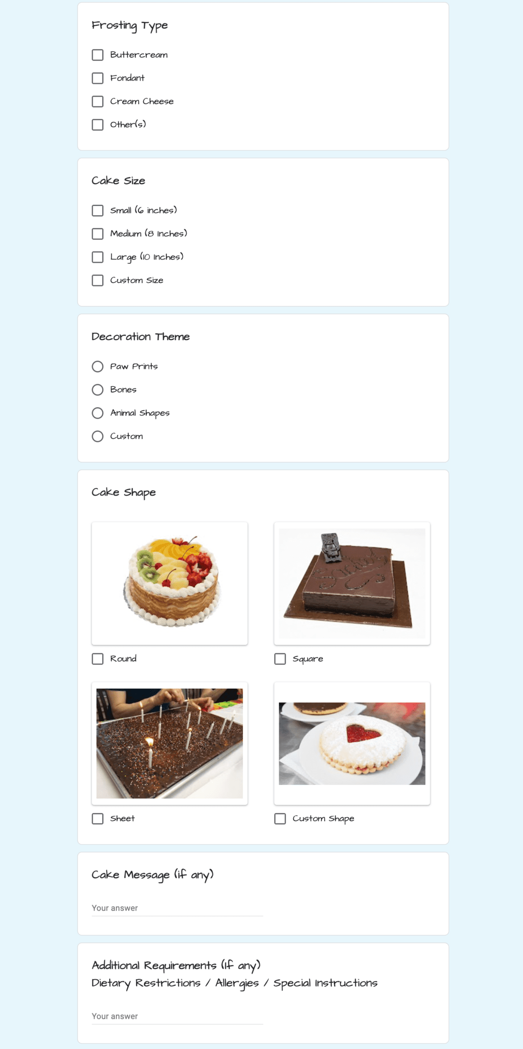 Free Pet Birthday Cake Order Form Template in Google Forms